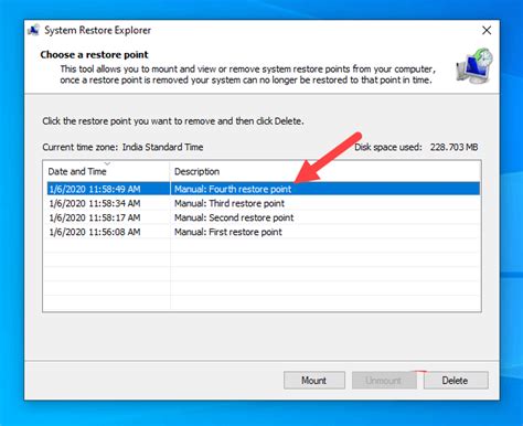 how to list and open system restore points in windows 10