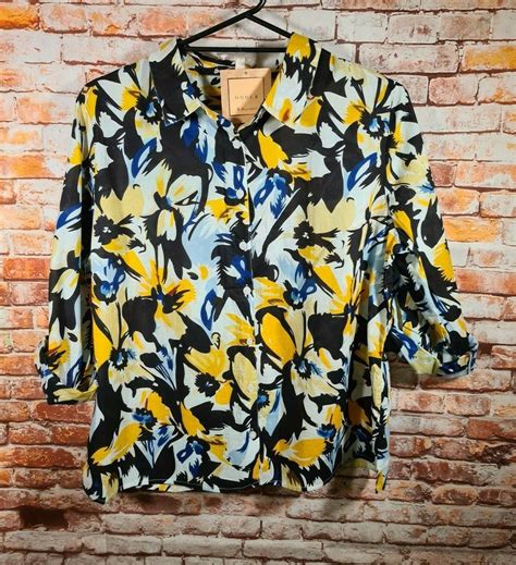 Bnwt Womens Sz 14 Noni B Roll Sleeve Button Through Print Shirt Top Rrp