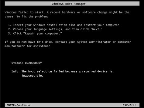 Ошибка 0xc000000f the boot selection failed because a required device