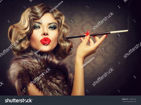 Beauty Retro Woman With Mouthpiece Vintage Styled Beautiful Lady With