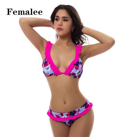 Femalee Pink Floral Swimsuit Lady Vintage Bikinis Lace Padded Ruffles