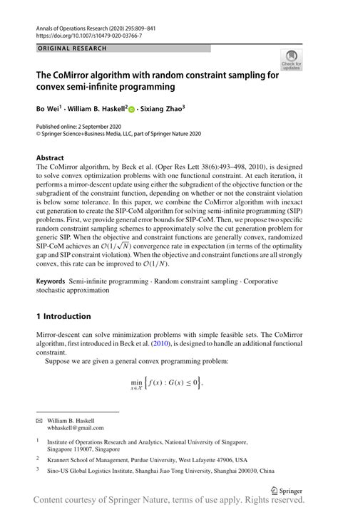 the comirror algorithm with random constraint sampling for convex semi