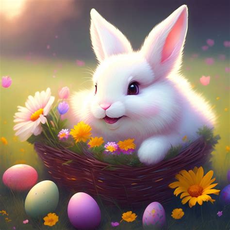Promptart Cute Happy Smile Easter Bunny Basket Colorful Eggs Flowers