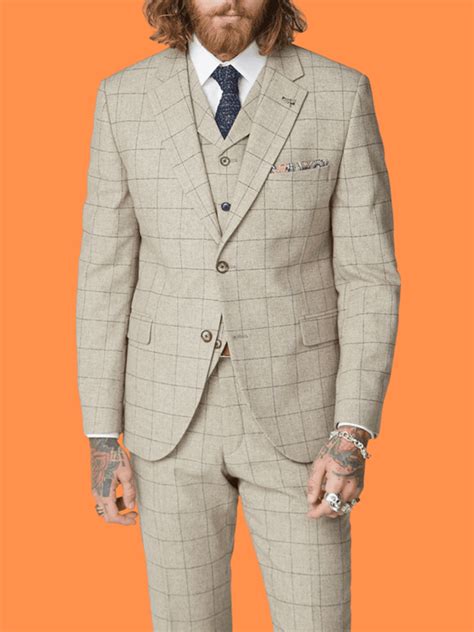 Gibson London Gibson Wylam Stone Windowpane 3 Piece Tweed Suit