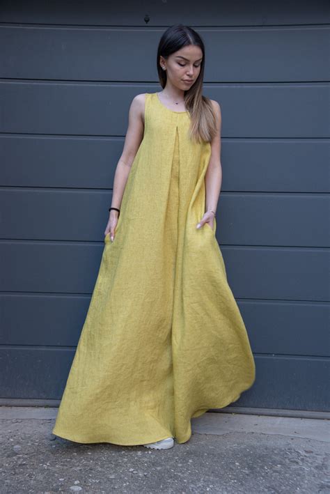 Linen Caftan Flax Dress Kaftan Maxi Dress Mustard Dress Loose Etsy
