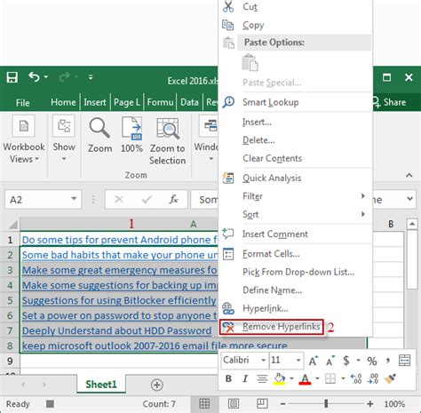 how to remove all hyperlinks in excel 2016 document