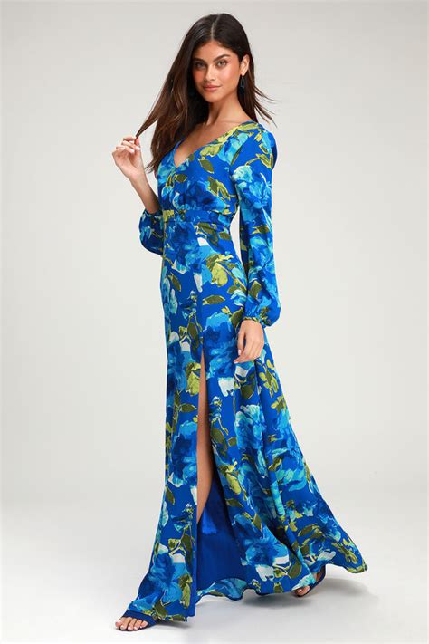 Royal Blue Floral Print Dress Maxi Dress Long Sleeve Dress Lulus