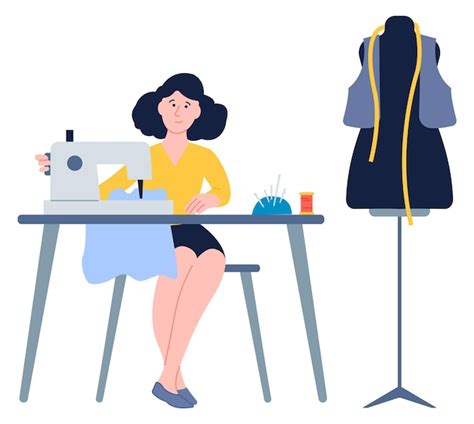 Premium Vector Seamstress Woman Sewing Clothes Character Work On Machine