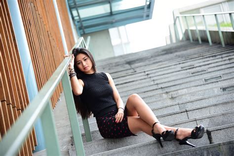 Asian Brown Eyes Brunette Girl Long Hair Model Skirt Steps Woman