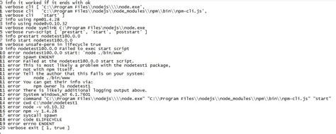 node js npm start error spawn enoent failed at the