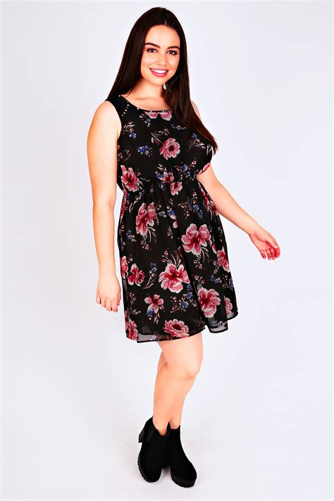 Black Floral Print Sleeveless Skater Dress Plus Size 14 To 32