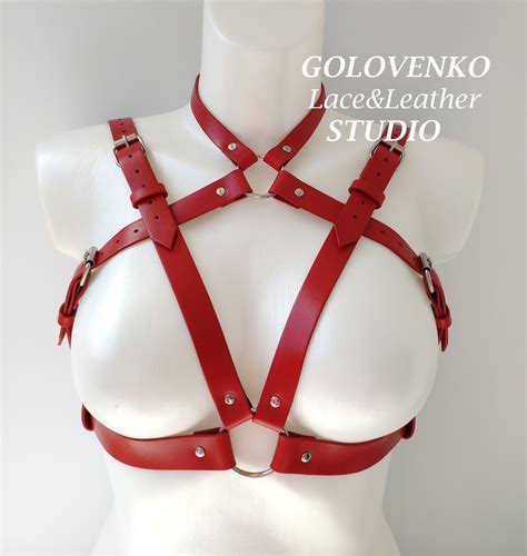 Red Leather Open Cup Bra Leather Chest Harness Red Leather Etsy