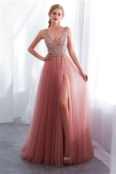 Buy A Line Dusty Rose Long Tulle Prom Dresses Sequins Shiny Bodice V