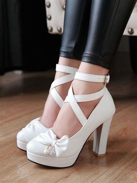 Weiße Runde Zehe Klobig Schleife Mit Bändchen Riemchen Süße High Heels
