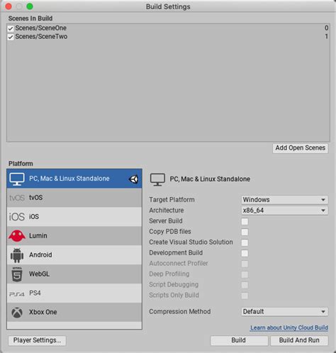 pc mac and linux standalone build settings unity manual