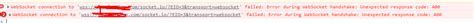node js error during websocket handshake unexpected response code