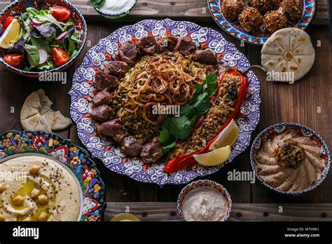 Middle Eastern Or Arabic Dishes Shish Kebab Falafel Hummus Rice
