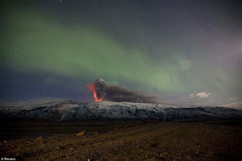 Iceland Volcano Northern Lights Appear Above Ash Plume Daily Mail Online