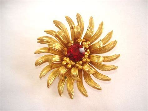 Vintage Jewelry Ruby Red Rhinestone Sunburst Gold Tone Brooch Etsy