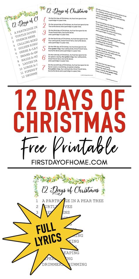 12 Days Of Christmas Lyrics Printable With Pictures Printable Word