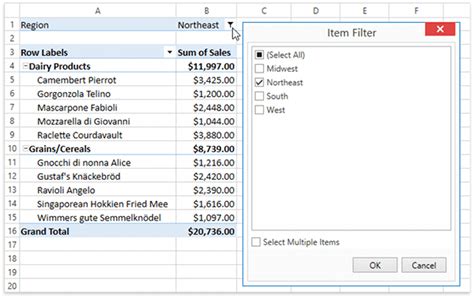 how to filter items in a pivot table wpf controls