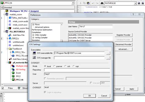using cvs source revision control with active hdl application notes