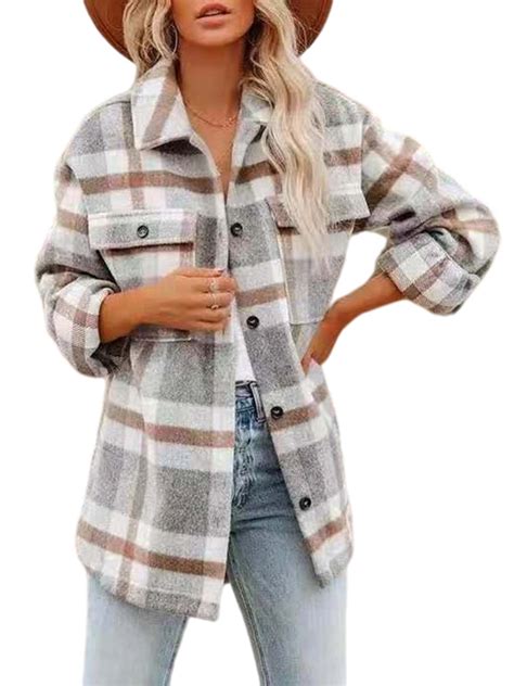 Mawclos Womens Casual Plaid Wool Blend Jacket Casual Button Down Long