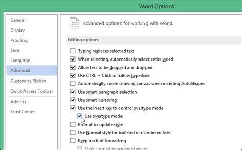 how to control insert overtype mode in word 2013