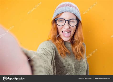 Selfie Close Funny Mocked Woman Takes Photo Himself Her Smartphone