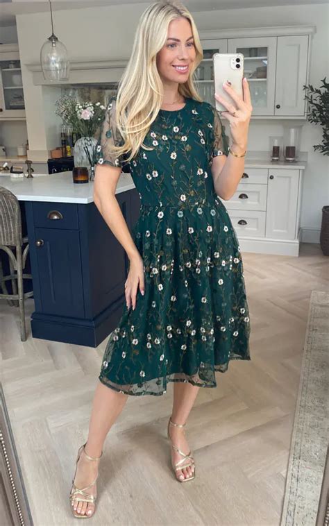 Embroidered Floral Skater Dress In Green Yumi Silkfred Us