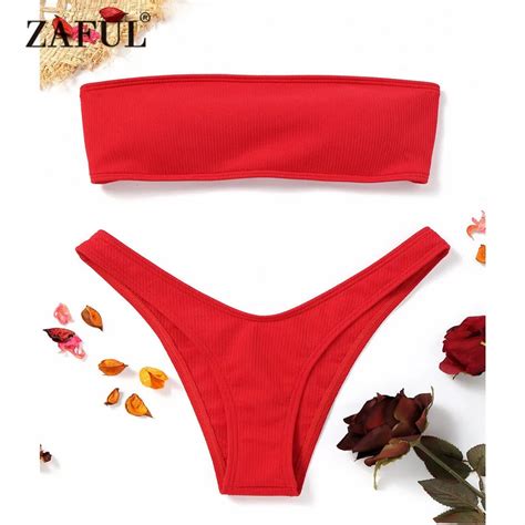 Zaful New Women Ribbed High Cut Bandeau Bikini Set Swimwear Women