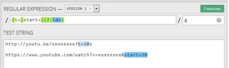 regex how to get start time of youtube url in javascript