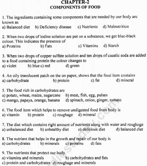Grade 6 Components Of Food Worksheet