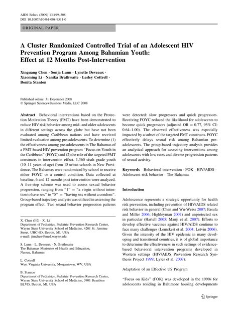 Pdf A Cluster Randomized Controlled Trial Of An Adolescent Hiv