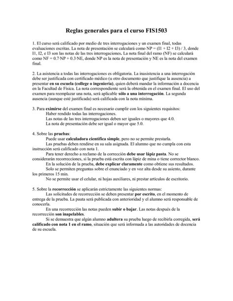 Reglas Generales Para El Curso Fis1503