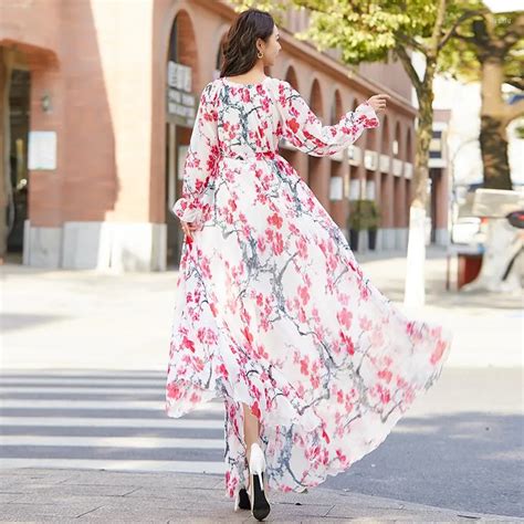 Bohemian Floral Maxi Dress For Plus Size Women Long Sleeve Beach