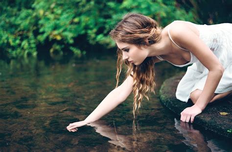 Wallpaper Sunlight Women Outdoors Water Brunette White Dress