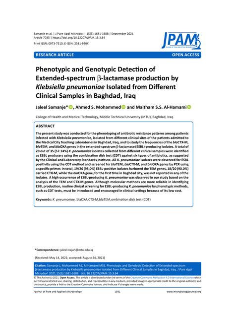 Pdf Phenotypic And Genotypic Detection Of Extended Spectrum β