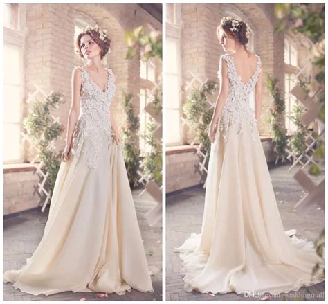 Lace Backless Chiffon A Line Wedding Dresses 2016 Custom Made V Neck