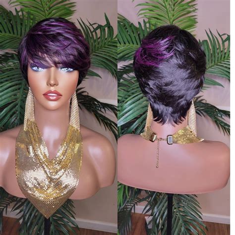 Purple Hair Wig Swoop Bang Pixie Cut Remy 100 Human Hair Wig Etsy