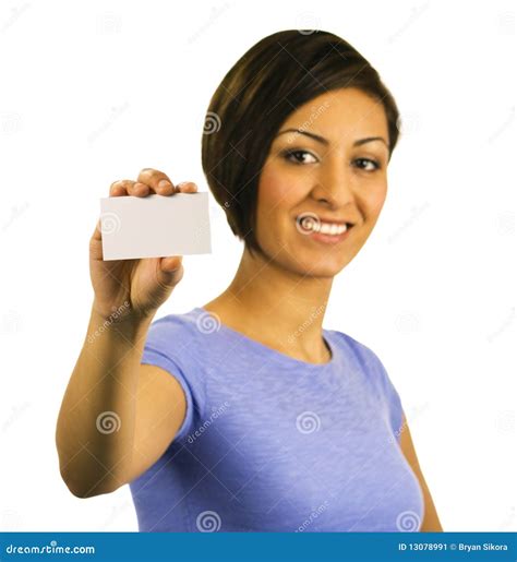 Young Woman Holding A Blank Business Card Stock Image Image Of Card