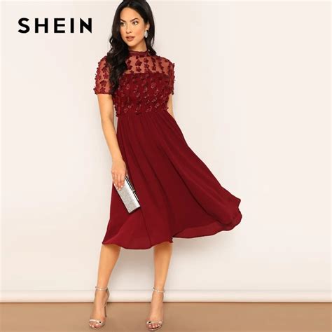 Buy Shein Burgundy Mesh Insert Flower Applique Flare