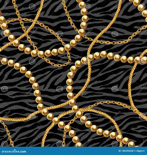 Golden Chain Glamour Zebra Seamless Pattern Illustration Watercolor