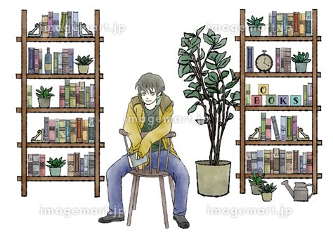 本を手にラフな格好で椅子に座っている男の子の、マンガ風手描き水彩イラスト [186178732] イメージマート