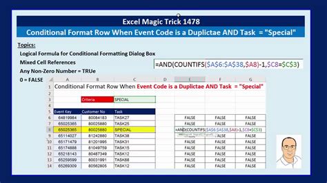 excel magic trick 1478 conditional format row when event code is a duplicate and task