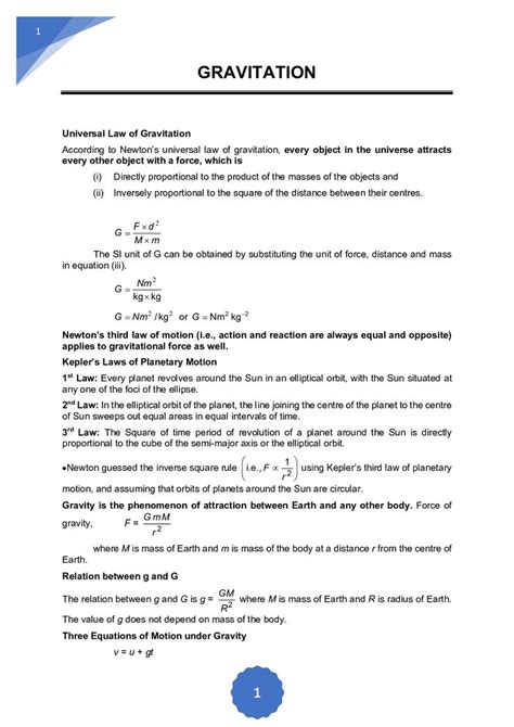 Physics Formula For Class 9 Gravitation Physics Wallah