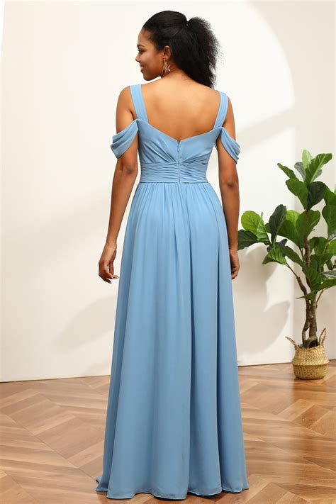 Zapaka Women Bridesmaid Dress Steel Blue Cold Shoulder Chiffon A Line