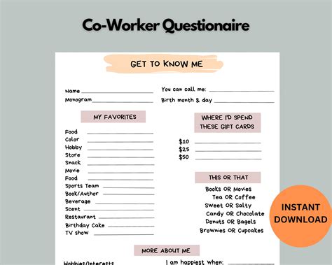 Coworker Questions Printable All About Me Employee Etsy Canada