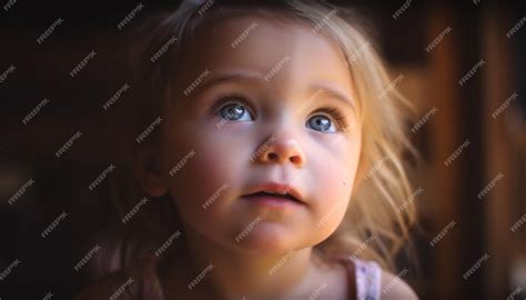 Premium Ai Image A Cute Caucasian Girl Smiling And Looking Up Full Of