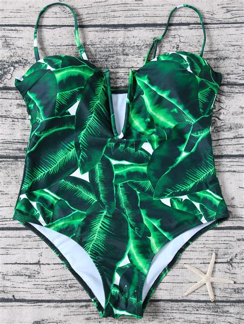V Plunge Palm Leaf Print Swimsuit Green M Plunging One Piece Swimsuit